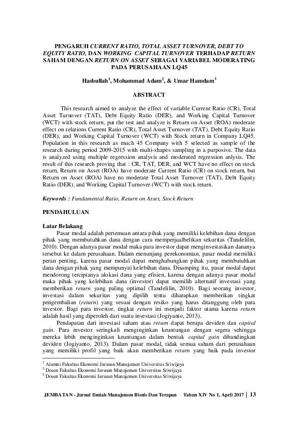 (PDF) Pengaruh Current Ratio, Total Asset Turnover, Debt to Equity Ratio, Dan Working Capital ...