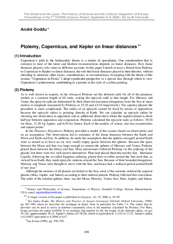 (PDF) Ptolemy, Copernicus, and Kepler on linear distances
