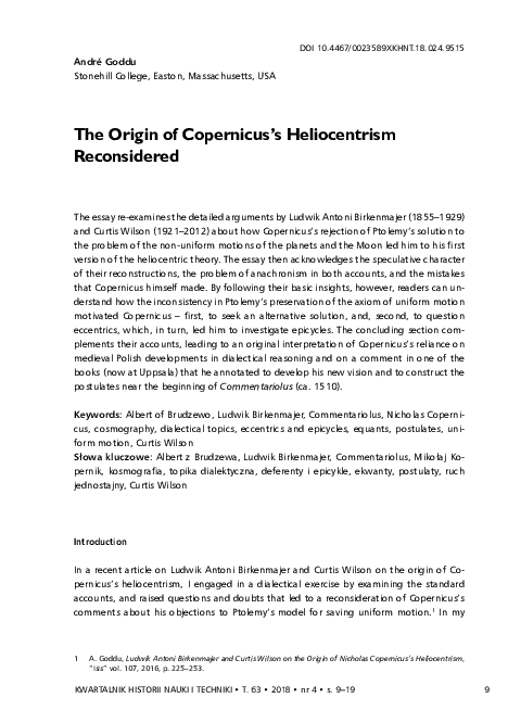 (PDF) The Origin of Copernicus’s Heliocentrism Reconsidered