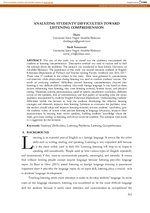 (PDF) Analyzing Students’ Difficulties Toward Listening Comprehension