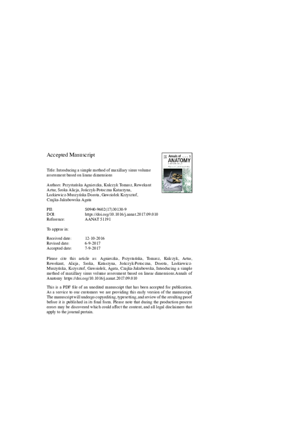 Pdf Introducing A Simple Method Of Maxillary Sinus Volume Assessment Based On Linear Dimensions
