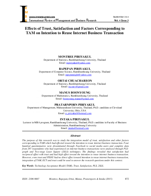 (PDF) Effects of Trust, Satisfaction and Factors Corresponding to TAM ...