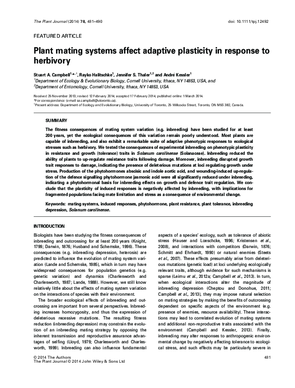 (PDF) Plant mating systems affect adaptive plasticity in response to ...