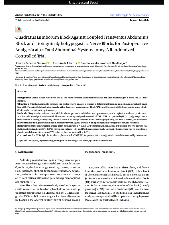 (PDF) Quadratus Lumborum Block Against Coupled Transversus Abdominis ...