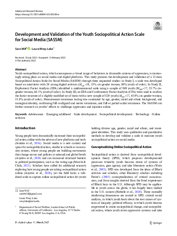 (PDF) Development and Validation of the Youth Sociopolitical Action ...