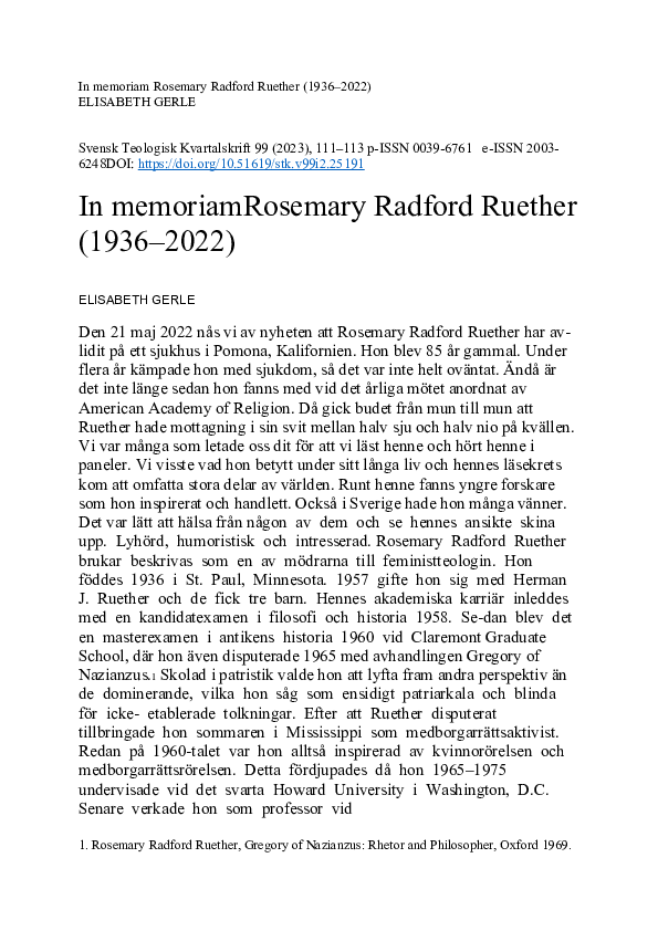 (DOC) In memoriam Rosemary Radford Ruether (1936-2022)