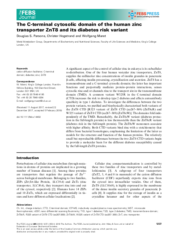 (PDF) The C‐terminal cytosolic domain of the human zinc transporter ...