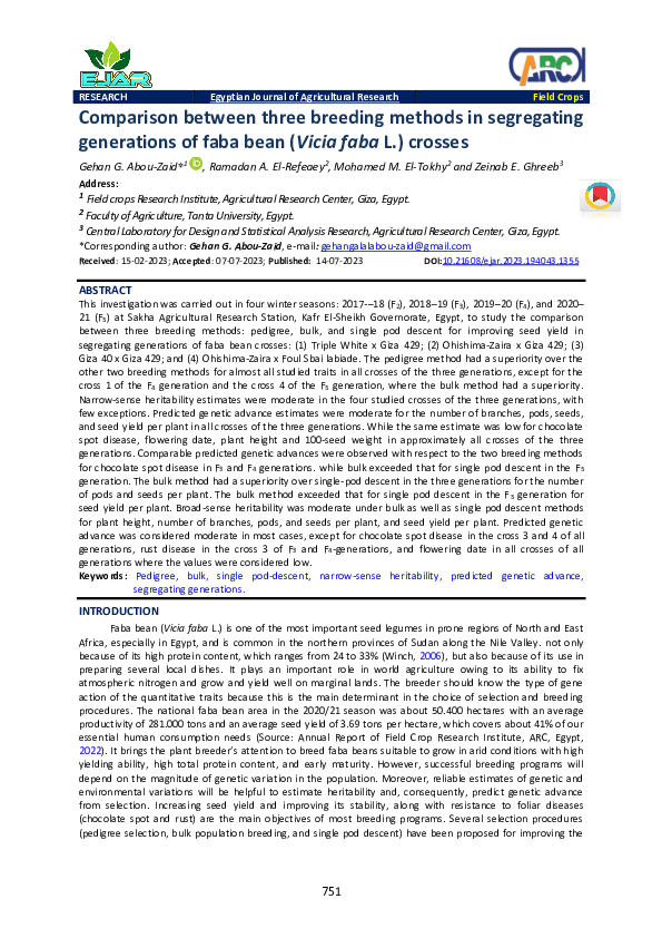 (PDF) Comparison between three breeding methods in segregating generations of faba bean (Vicia ...