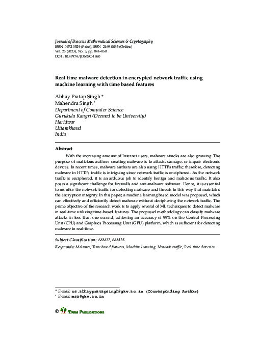 Pdf Real Time Malware Detection In Encrypted Network Traffic Using Machine Learning With Time