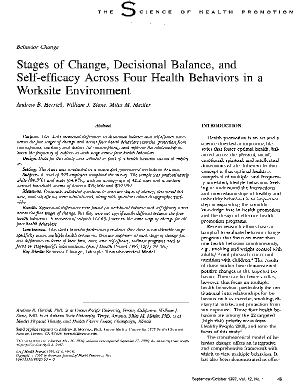 (PDF) Stages of Change, Decisional Balance, and Self-Efficacy across ...