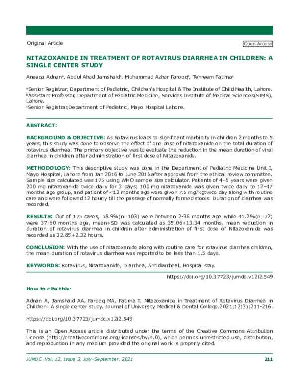 (PDF) Nitazoxanide in Treatment of Rotavirus Diarrhea in Children: A ...