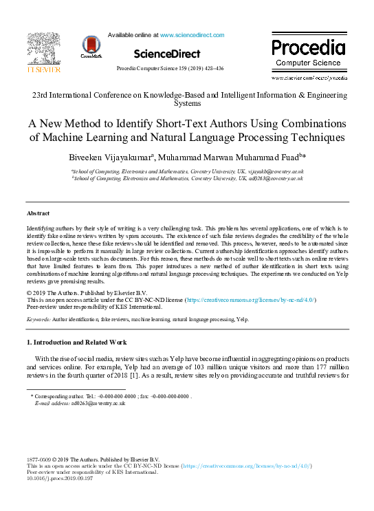 (PDF) A New Method to Identify Short-Text Authors Using Combinations of Machine Learning and ...