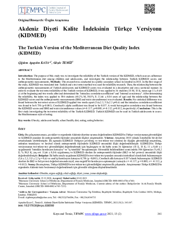 (PDF) The Turkish Version of the Mediterranean Diet Quality Index (KIDMED)