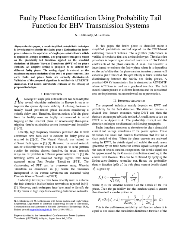 (PDF) Faulty Phase Identification Using Probability Tail Function for EHV Transmission Systems