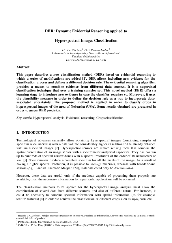 (PDF) DER (Dynamic Evidential Reasoning), applied to the classification of hyperspectral images