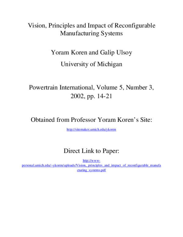 (PDF) Vision, principles and impact of reconfigurable manufacturing systems