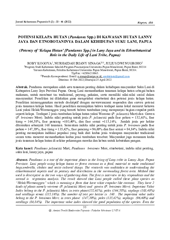 Potensi 'Kelapa Hutan' (Pandanus Spp.) di Kawasan Hutan Lanny Jaya dan Etnobotaninya dalam ...