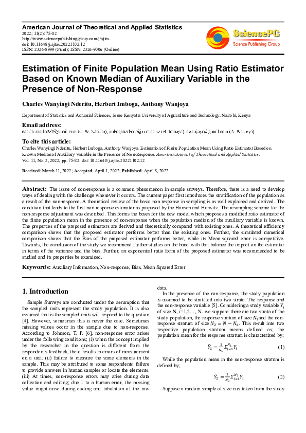 Pdf Estimation Of Finite Population Mean Using Ratio Estimator Based On Known Median Of