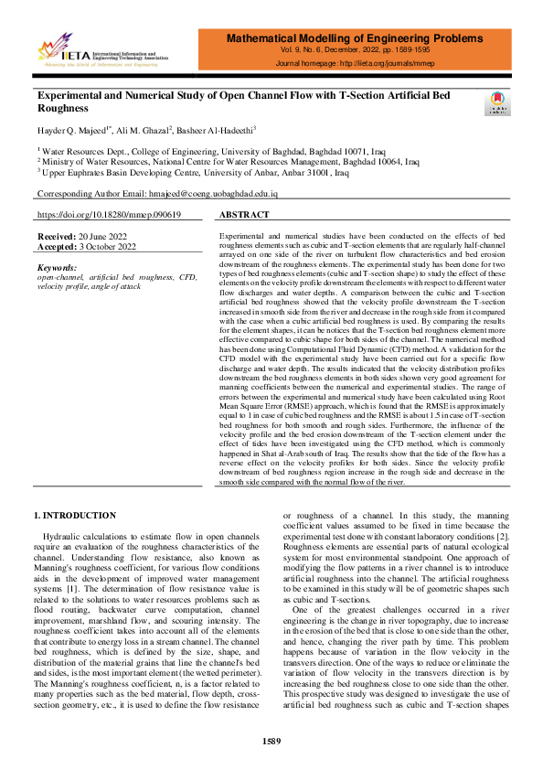 (PDF) Experimental and Numerical Study of Open Channel Flow with T-Section Artificial Bed Roughness