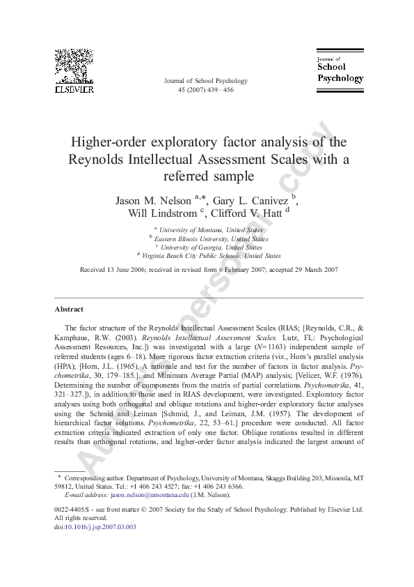 (PDF) Higher-order exploratory factor analysis of the Reynolds ...