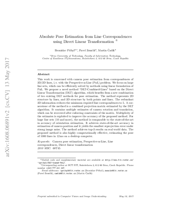 (PDF) Absolute pose estimation from line correspondences using direct linear transformation