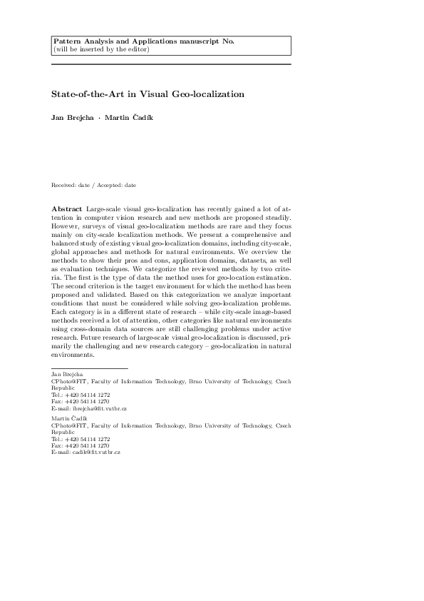 Pdf State Of The Art In Visual Geo Localization