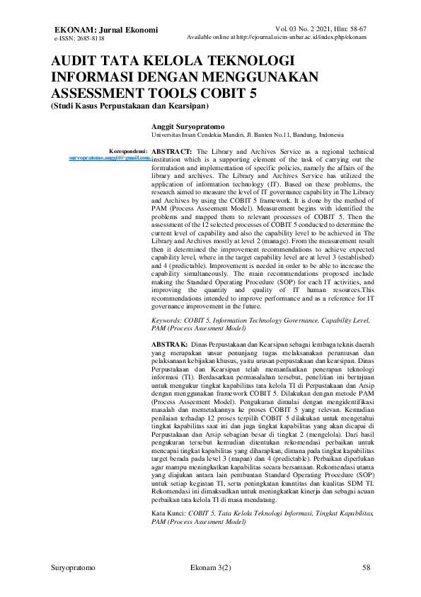 (PDF) Audit Tata Kelola Teknologi Informasi Dengan Menggunakan Assessment Tools Cobit 5 (Studi ...