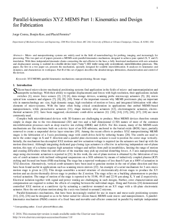 (PDF) Parallel-kinematics XYZ MEMS part 1: Kinematics and design for fabrication