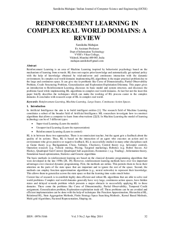 (PDF) Reinforcement Learning in Complex Real World Domains: A