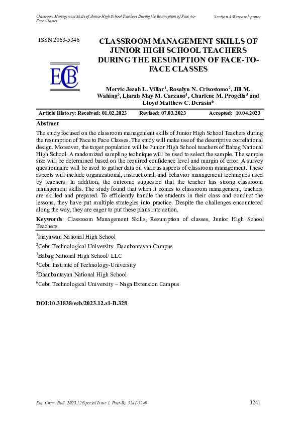 (PDF) CLASSROOM MANAGEMENT SKILLS OF JUNIOR HIGH SCHOOL TEACHERS DURING ...