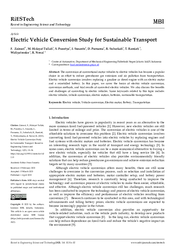 (PDF) Electric Vehicle Conversion Study for Sustainable Transport