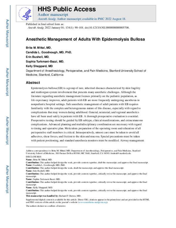 (PDF) Anesthetic Management of Adults With Epidermolysis Bullosa