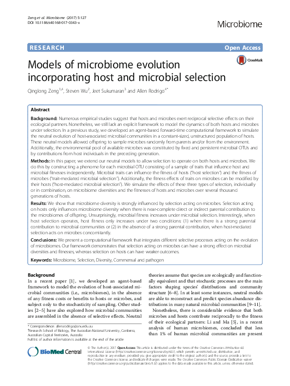 (PDF) Models of microbiome evolution incorporating host and microbial selection | Steven Wu ...