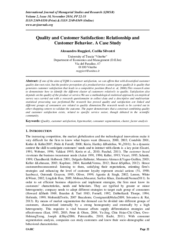 (PDF) Quality and Customer Satisfaction: Relationship and Customer Behavior. A Case Study