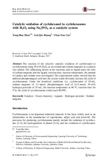 (PDF) Catalytic oxidation of cyclohexanol to cyclohexanone with H2O2 using Na2WO4 as a catalytic ...