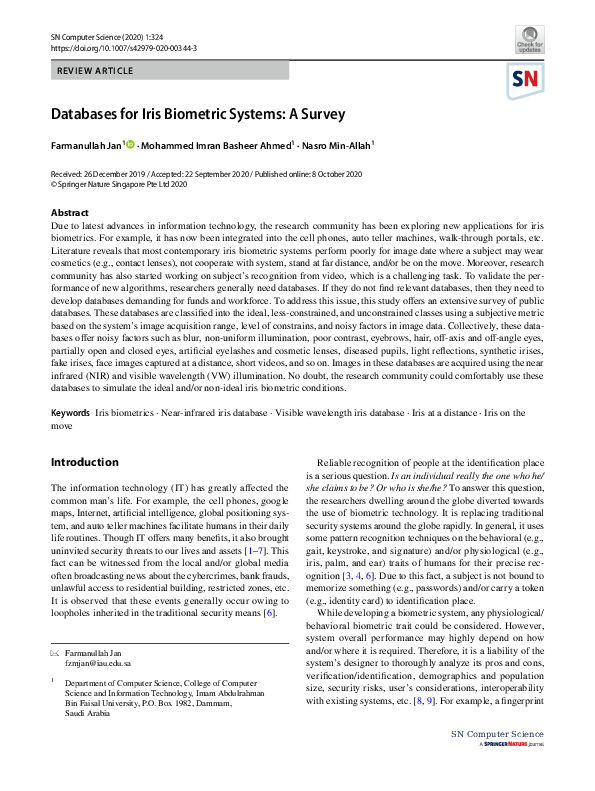 (PDF) Databases for Iris Biometric Systems: A Survey