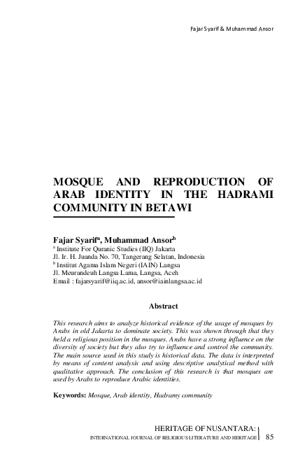 (PDF) Mosque and Reproduction of Arab Identity in The Hadrami Community ...