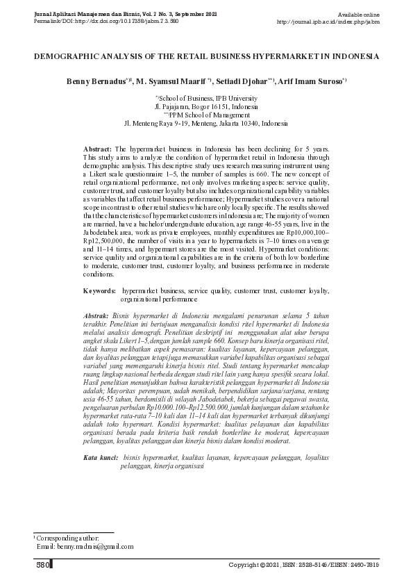 (PDF) Demographic Analysis of the Retail Business Hypermarket in Indonesia