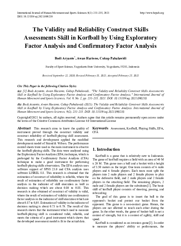 (PDF) The Validity and Reliability Construct Skills Assessments Skill in Korfball by Using ...