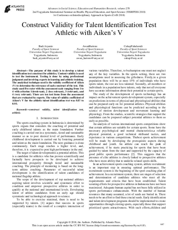 (PDF) Construct Validity For Talent Identification Test Athletic With ...
