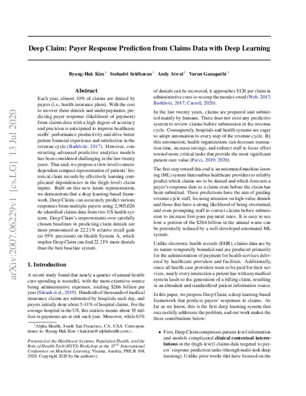 (PDF) Deep Claim: Payer Response Prediction from Claims Data with Deep ...