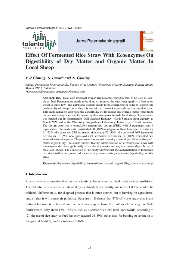 (PDF) Effect Of Fermented Rice Straw With Ecoenzymes On Digestibility ...