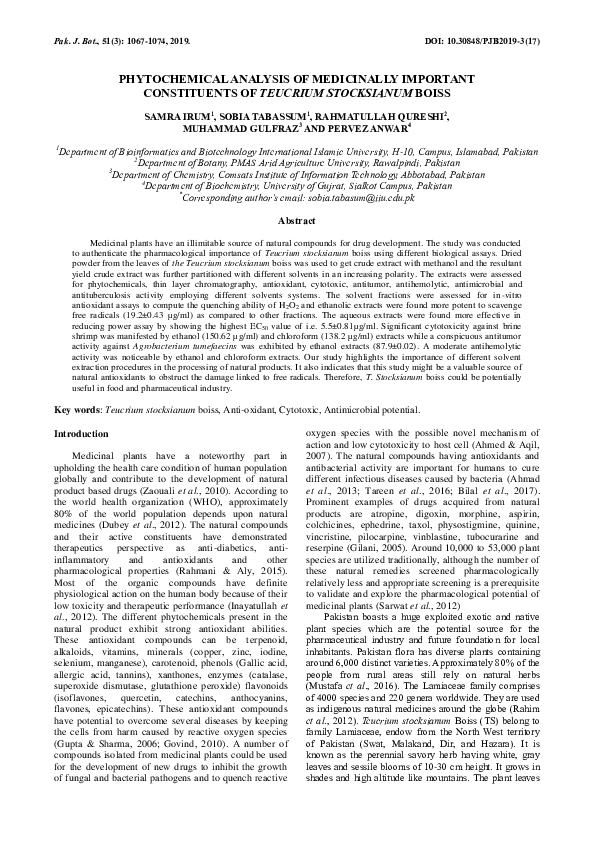 (PDF) Phytochemical analysis of medicinally important constituents of ...