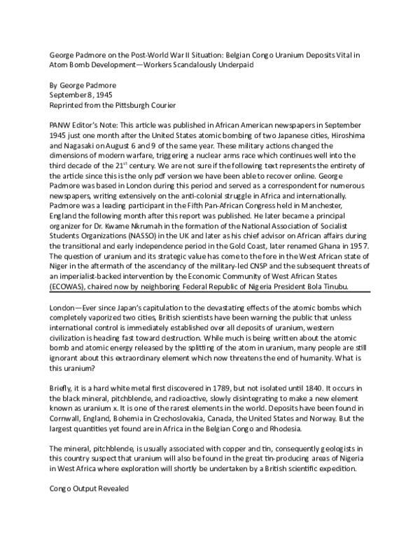 (DOC) George Padmore on the Post World War II Situation Belgian Congo ...