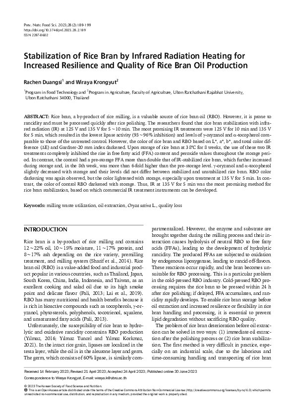 (PDF) Stabilization of Rice Bran by Infrared Radiation Heating for ...