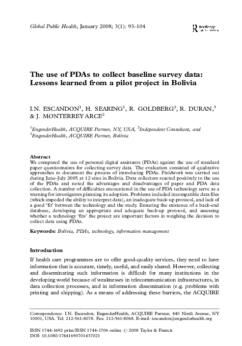 (PDF) The use of PDAs to collect baseline survey data: Lessons learned ...