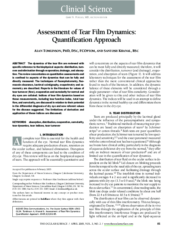 (PDF) Assessment of Tear Film Dynamics: Quantification Approach