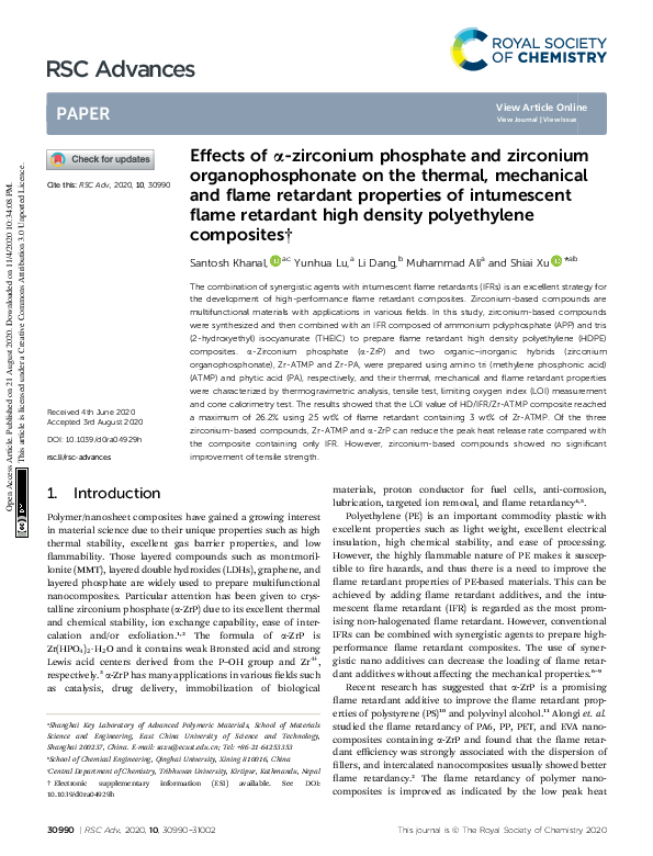 (PDF) Effects of α-zirconium phosphate and zirconium organophosphonate on the thermal ...