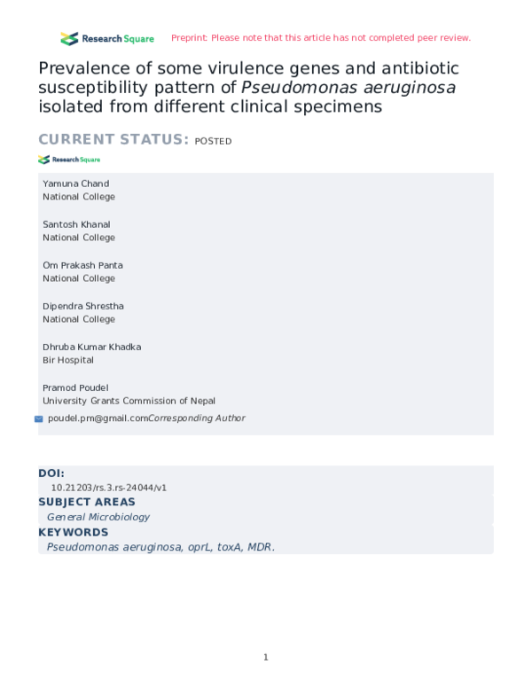 (PDF) Prevalence of some virulence genes and antibiotic susceptibility pattern of Pseudomonas ...