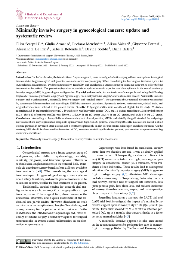 Pdf Minimally Invasive Surgery In Gynecological Cancers Update And